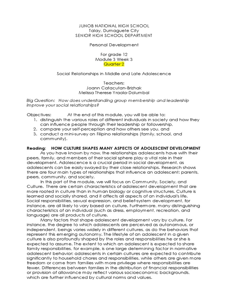 4 Social Relationships in Middle and Late Adolescence PerDev Week 4 Module 3 Q2 | PDF ...