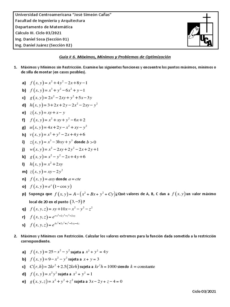 Guía # 6. Máximos y Mínimos en Funciones Multivariables | PDF | Precios | Mínimos cuadrados