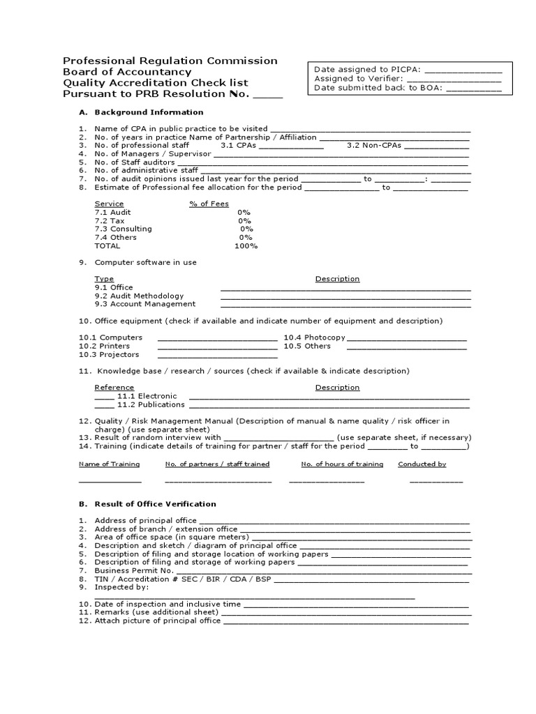 Quality Assurance Checklist for Philippine CPA Firm Regulation | PDF ...