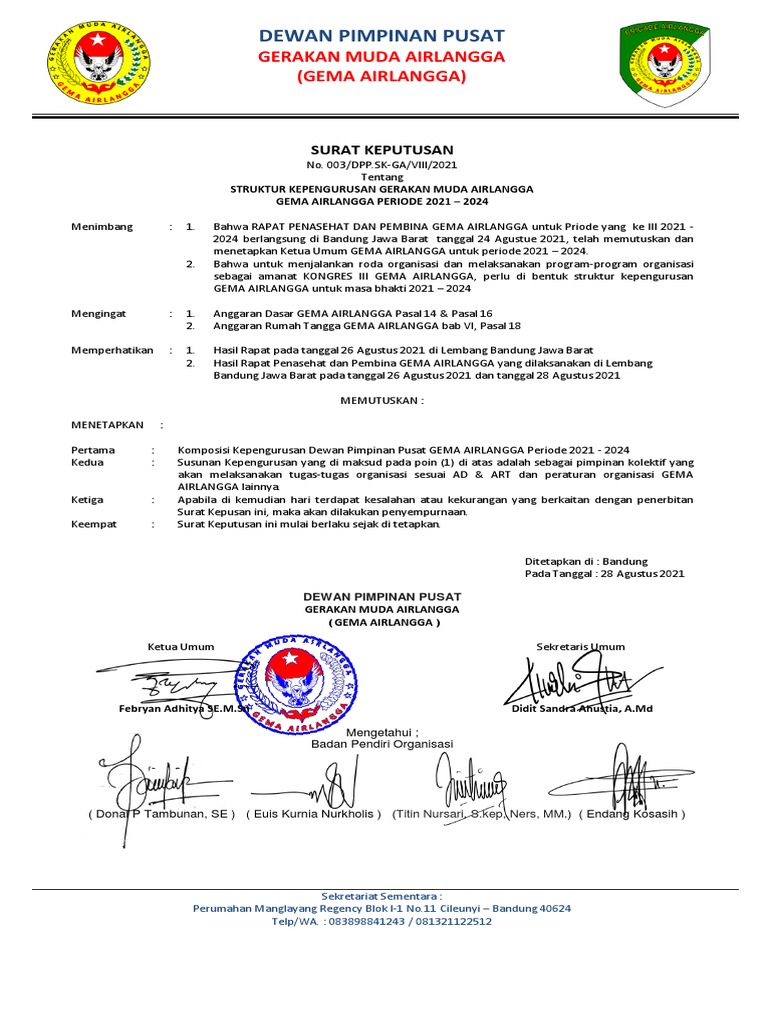 Skep No 003 Dan Lampiran Susunan Pengurus DPP Gema Airlangga | PDF