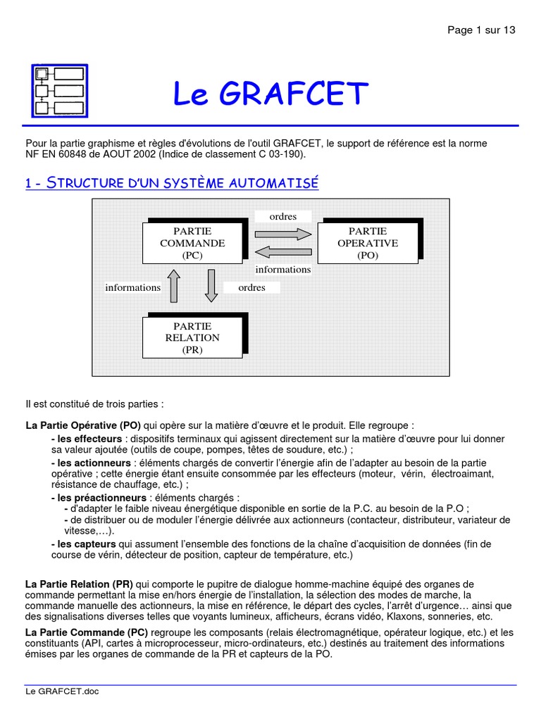 Introduction au GRAFCET et ses règles | PDF | Automatisation | Algèbre ...