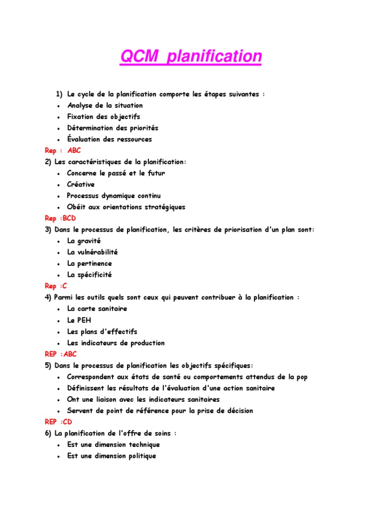 QCM sur la Planification Sanitaire | PDF | Planification | Cognition