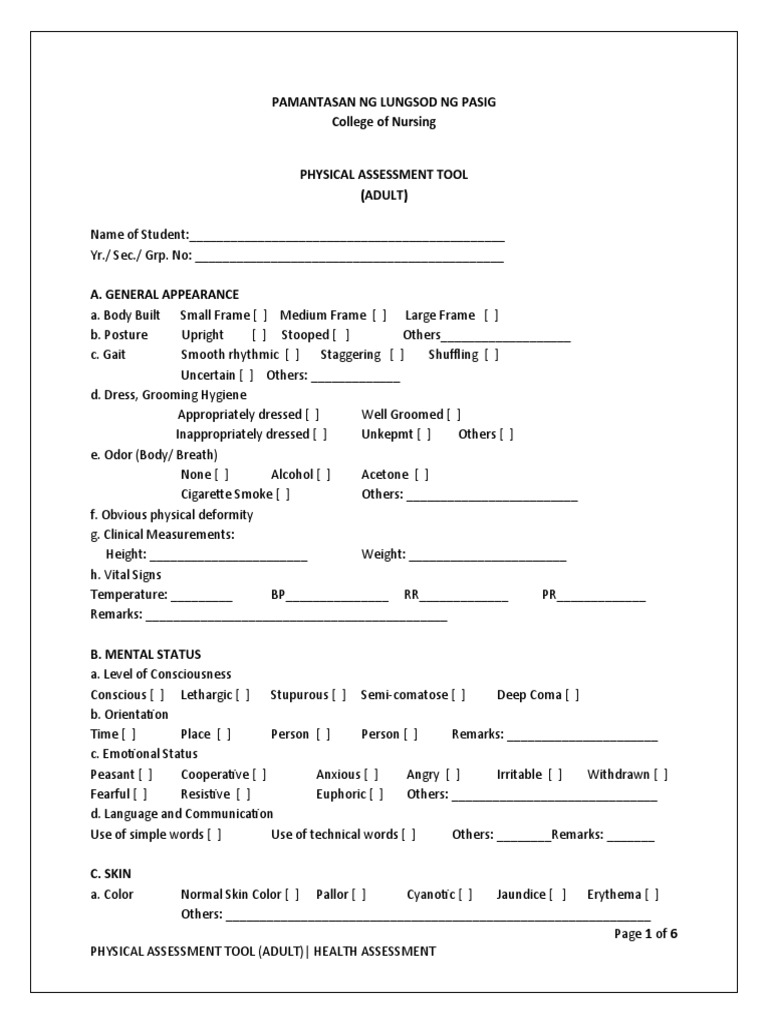PHYSICAL ASSESSMENT TOOL (ADULT) HEALTH ASSESSMENT | PDF | Neck | Human ...