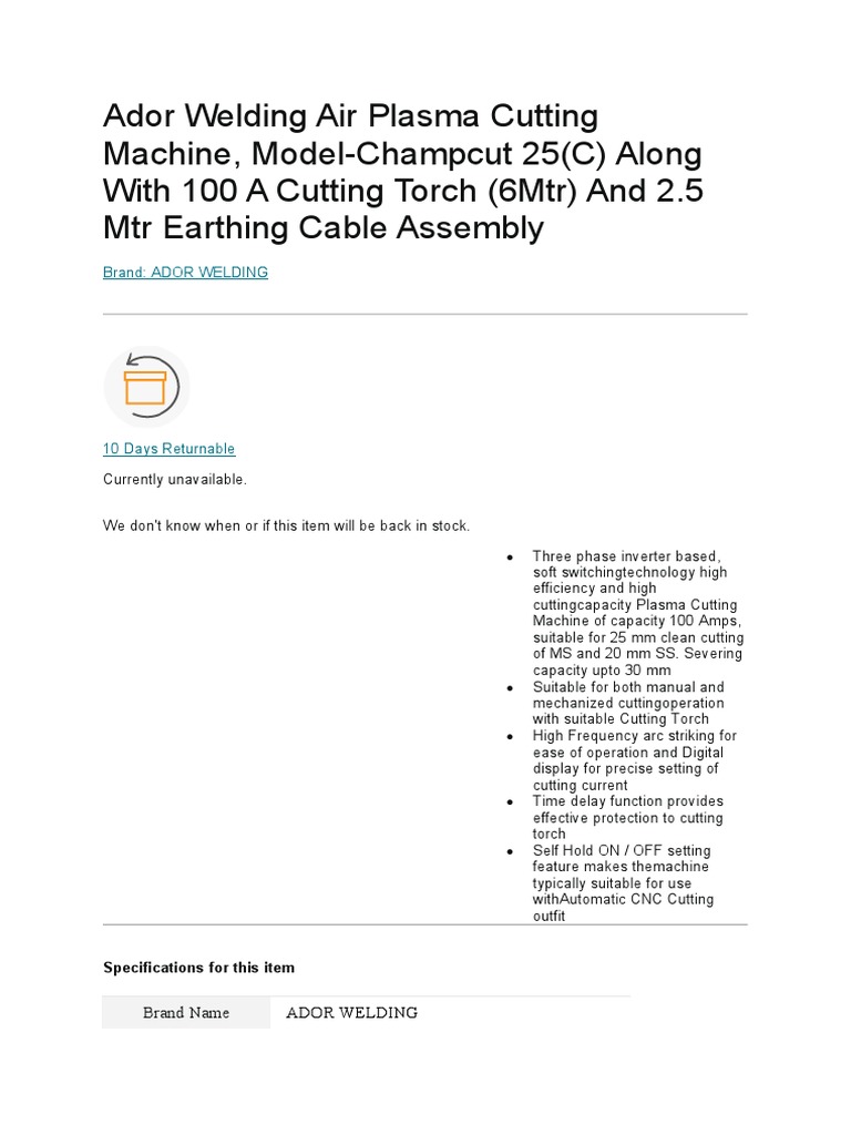 Ador Welding Air Plasma Cutting Machine, Model-Champcut 25 (C) Along ...