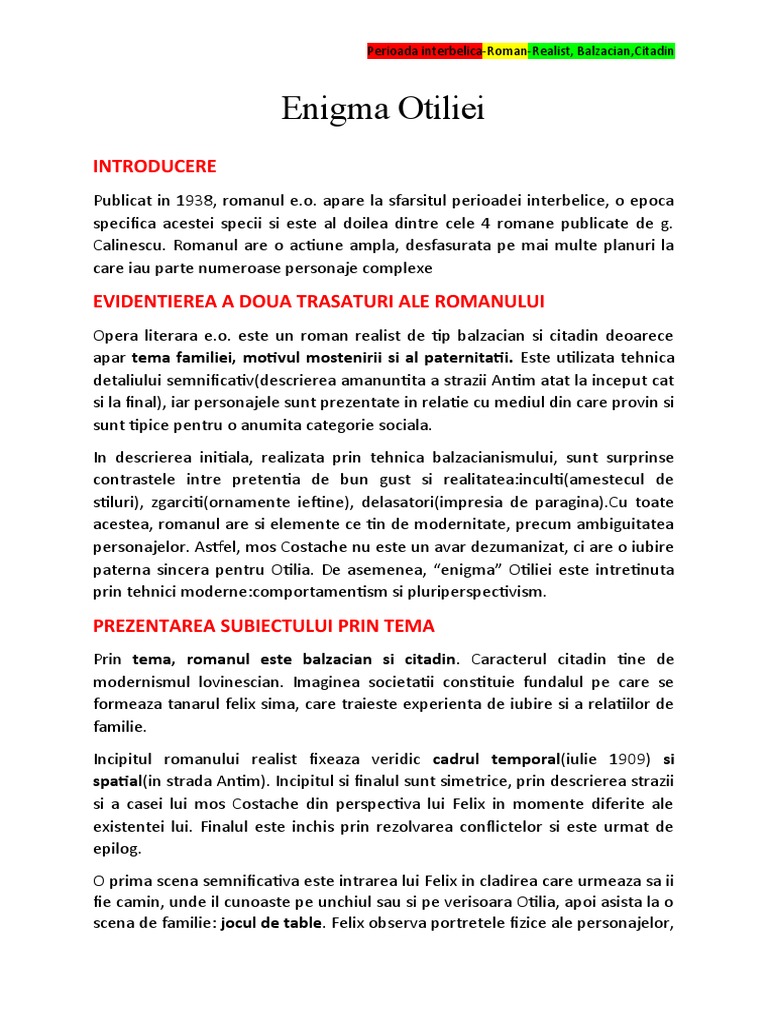 Enigma Otiliei Eseu Roman Interbelic Realist Obiectiv | PDF