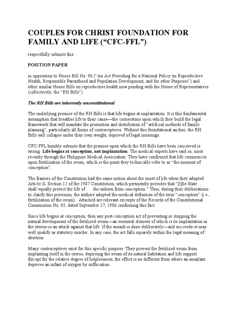 CFC FFL Position Paper Against RH Bill | PDF | Family Planning | Sex ...