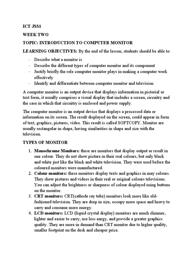 Ict Jss1 Week Two Topic: Introduction To Computer Monitor LEARNING ...