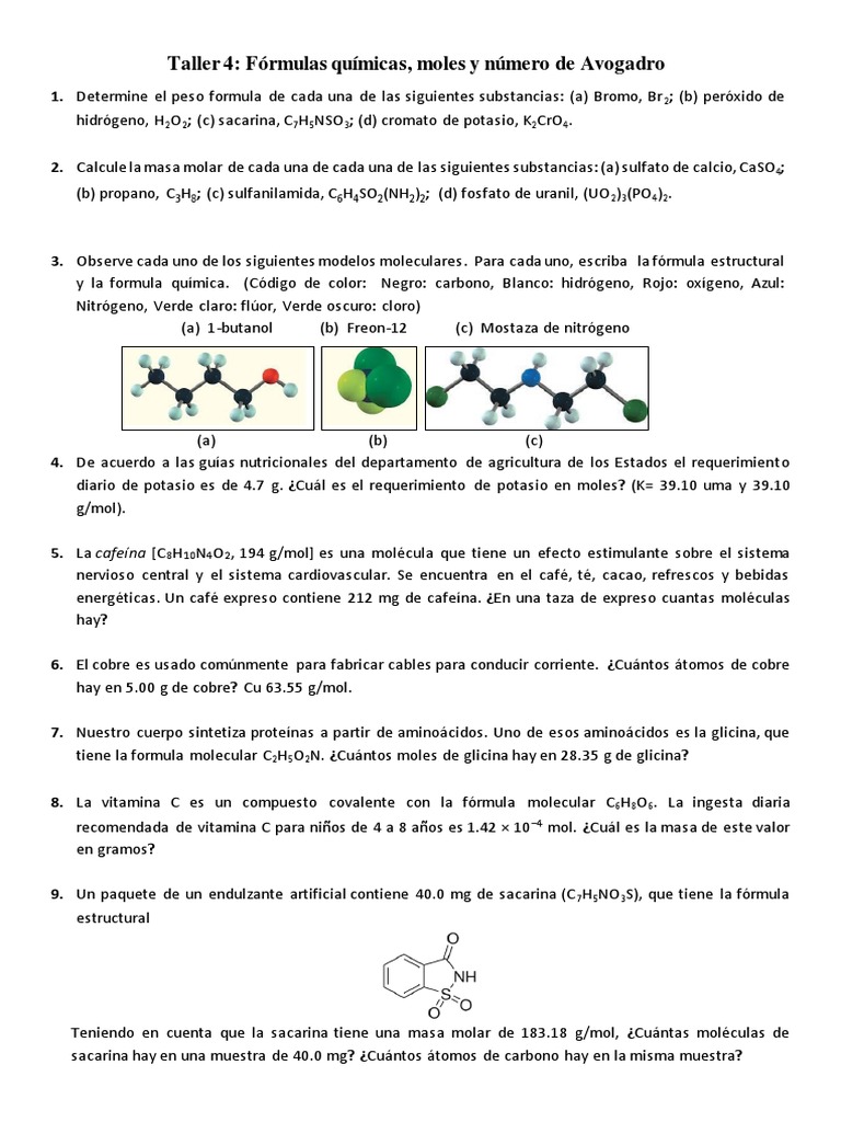 Taller 4 Moles y Número de Avogadro | PDF | Carbohidratos | Mole (Unidad)