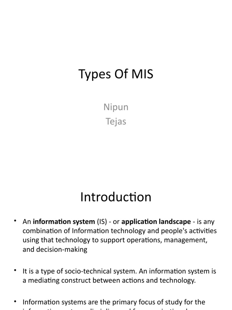 Types of MIS: Nipun Tejas | PDF | Information System | Information Technology