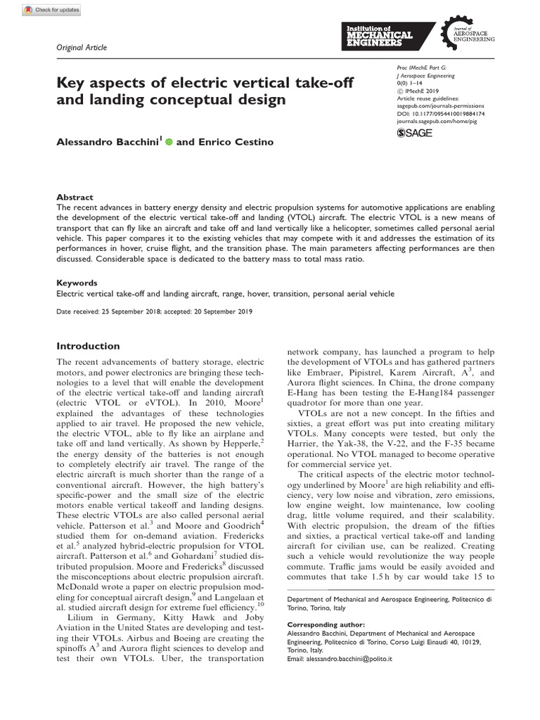 Key Aspects of Electric Vertical Take-Off and Landing Conceptual Design ...