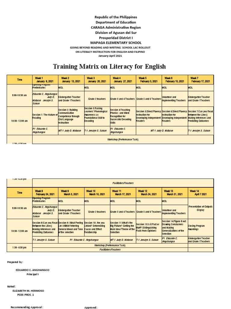 MAPAGA ES Literacy Action Plan and Matrix | PDF | Phonics | Literacy