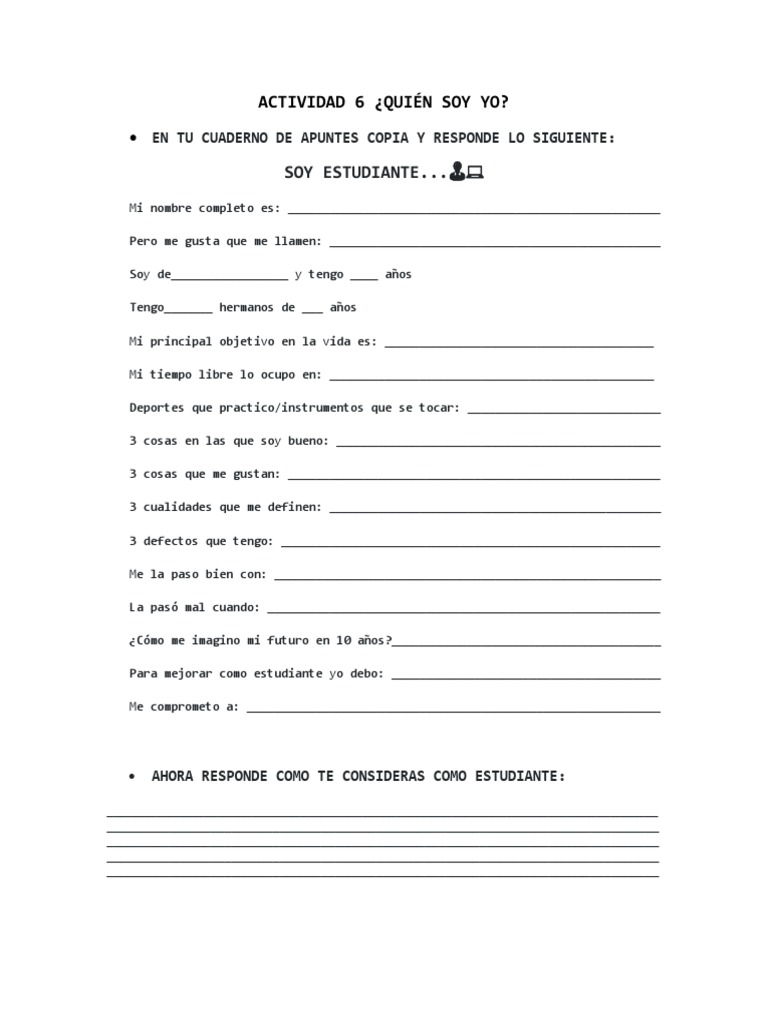 Actividad "¿Quién soy yo?" para estudiantes | PDF