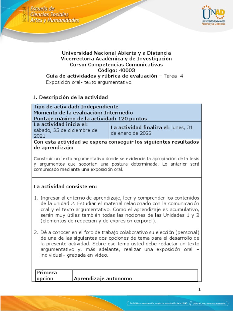 Guía de Actividades y Rúbrica de Evaluación - Unidad 2 - Tarea 4 - Exposición Oral, Texto ...