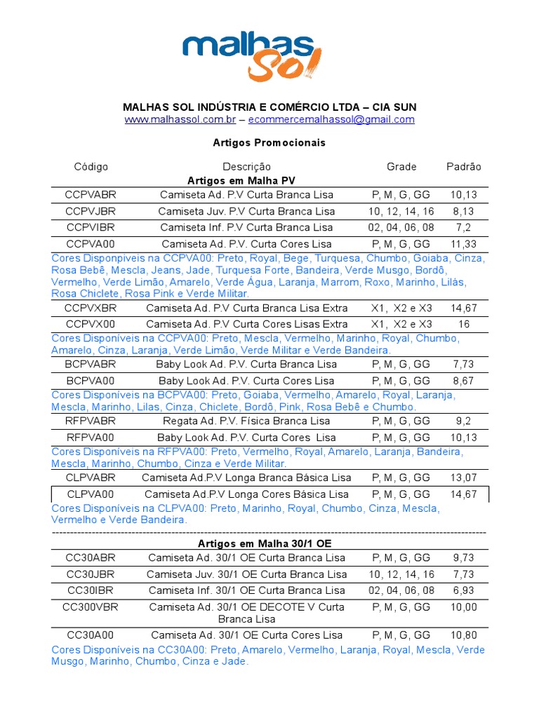 TABELA 2021 Malhas Sol | PDF | Percepção Visual | Luz