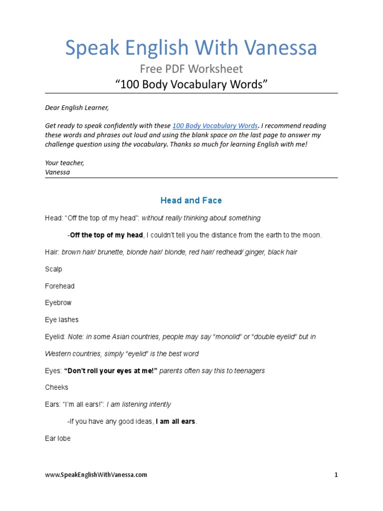 100 Body Words - Speak English With Vanessa | PDF | Foot | Hand
