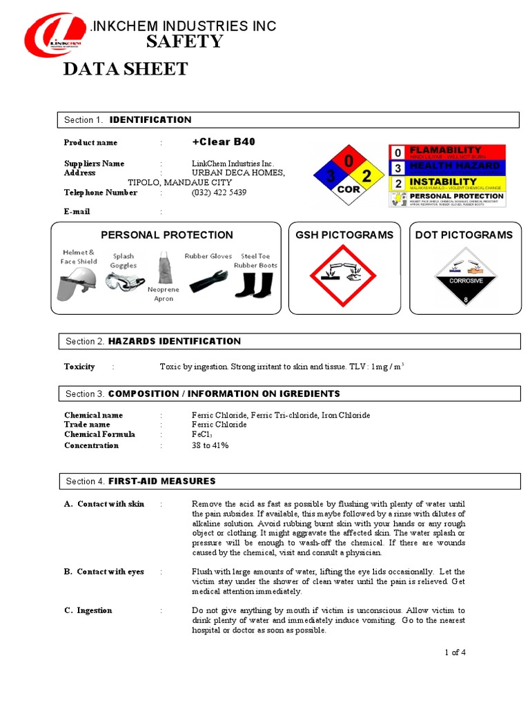 MSDS 2021 - Ferric Chloride +ClearB40 | PDF | Personal Protective Equipment | Physical Sciences
