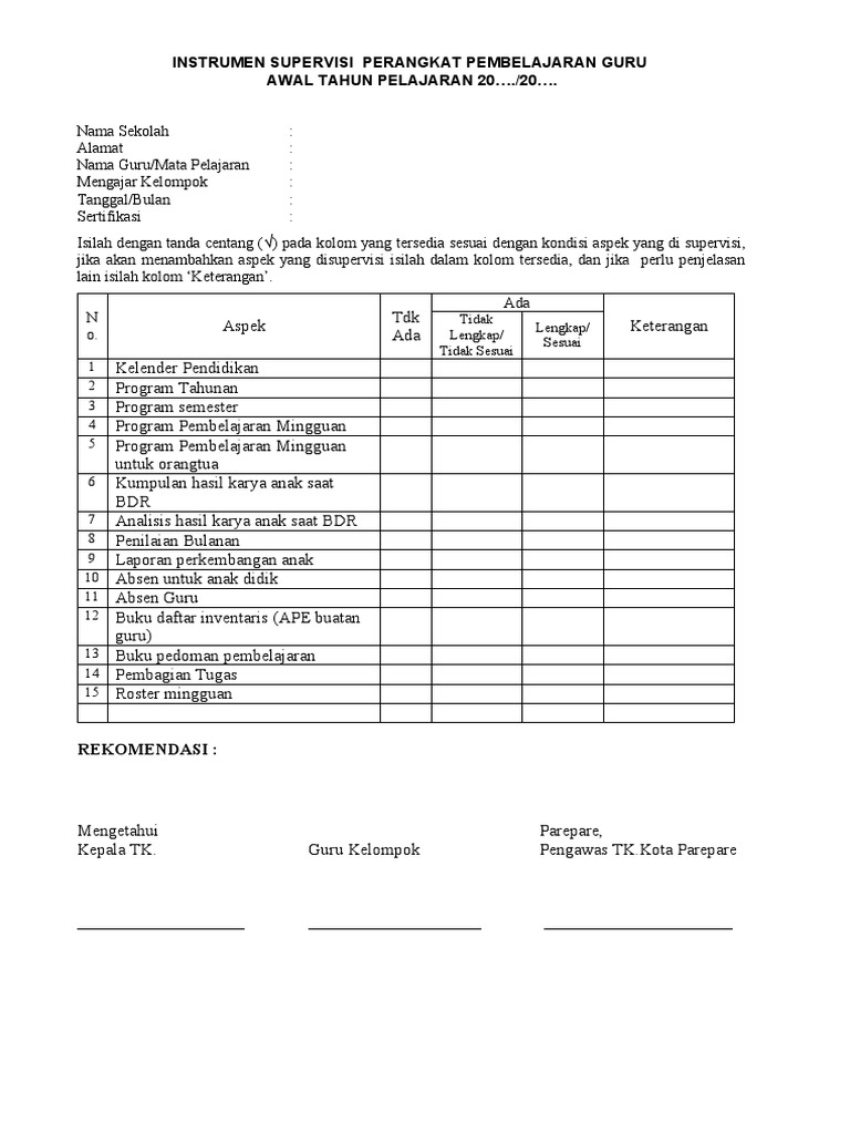 Instrumen Supervisi Pembelajaran PAUD | PDF