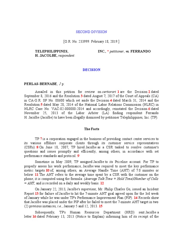 Telephilippines, Inc. v. Jacolbe - Labor Jurisprudence On Failure To ...