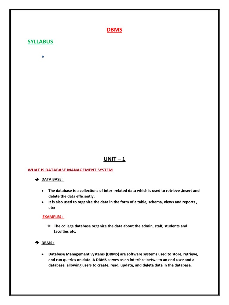 Dbms-Unit1 Notes For Bca | PDF | Databases | Database Schema
