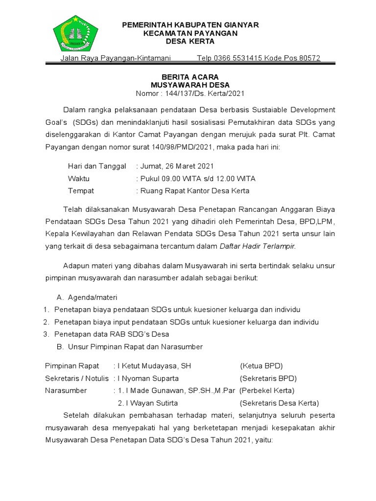 Berita Acara Penetapan Rab SDGS | PDF