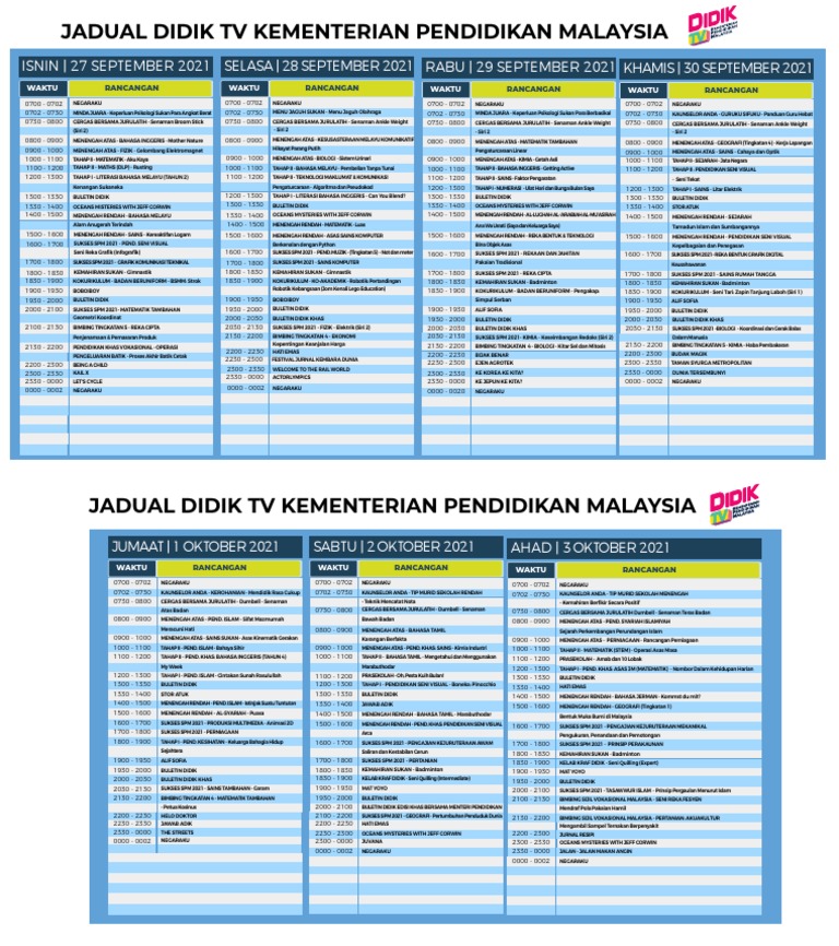 JADUAL PELAJARAN TV KEMENTERIAN PENDIDIKAN MALAYSIA | PDF