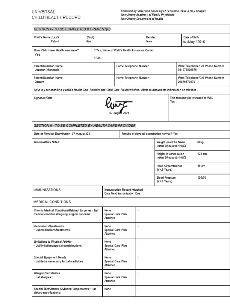 Universal Child Health Record Form | PDF | Confidentiality | Wic