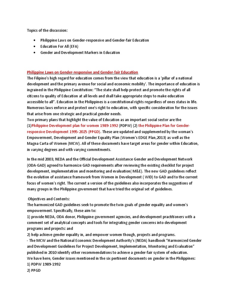 Philippine Laws On Gender-Responsive and Gender-Fair Education | PDF ...