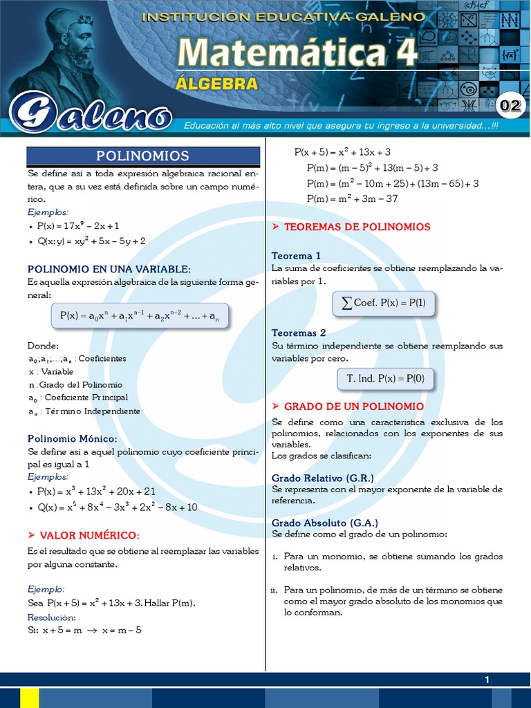 Material de Algebra 4to Secundaria Polinomios | PDF | Álgebra | Matemáticas Aplicadas