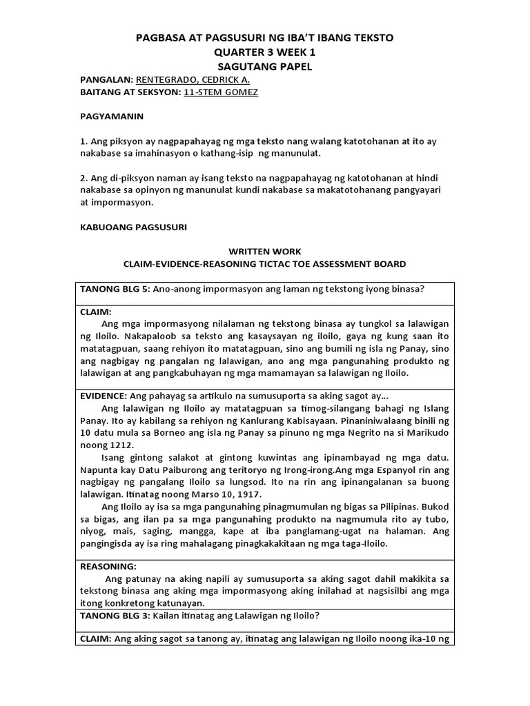 Pagbasa at Pagsusuri SHS Q3W1 | PDF