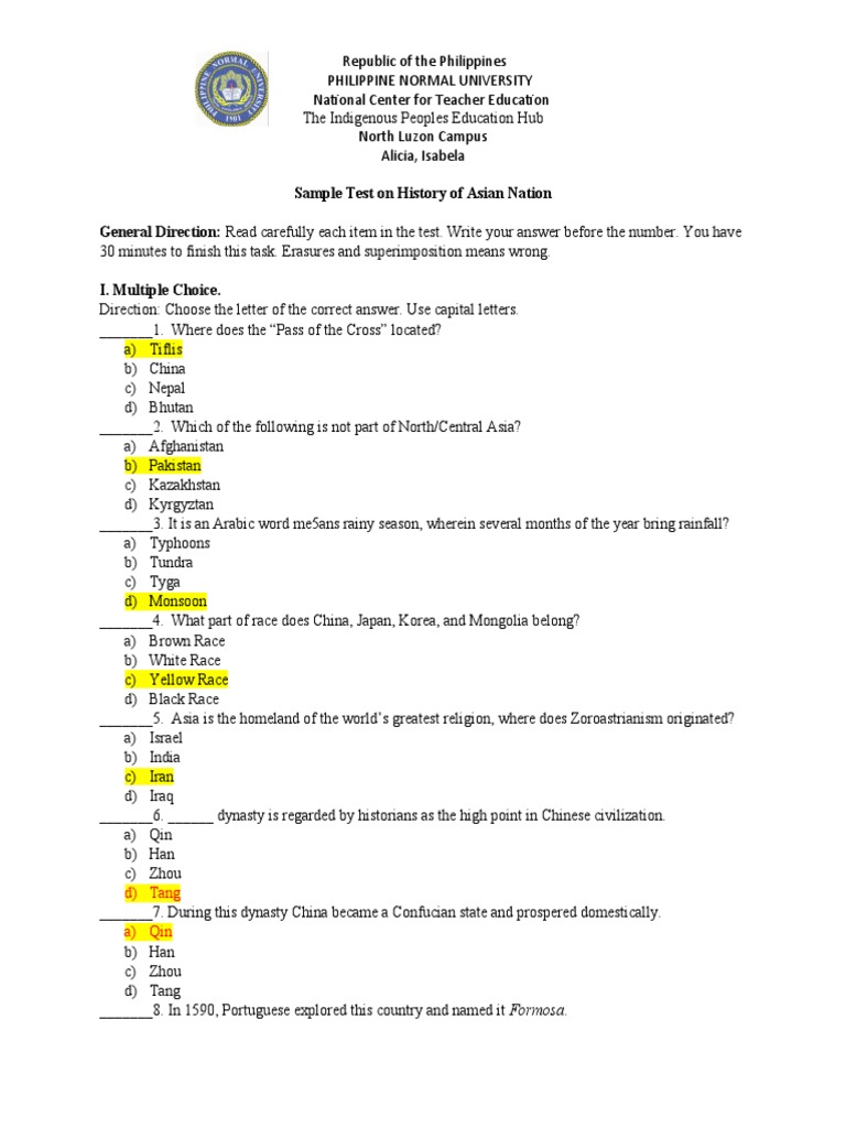 Asian History Sample Test | PDF | Korea | China
