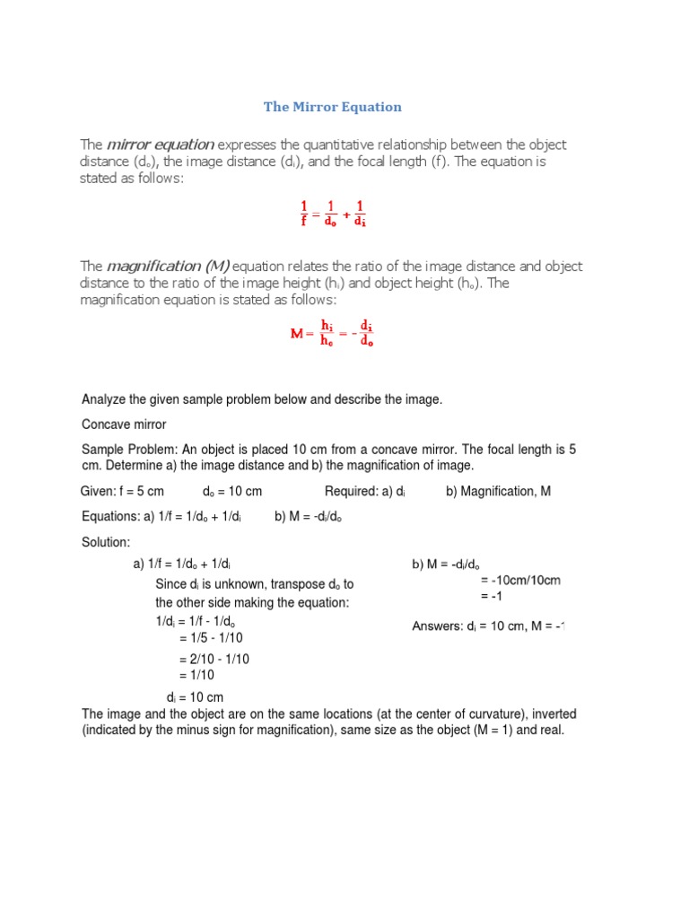The Mirror Equation, Magnification and Sample Problems | PDF | Teaching ...