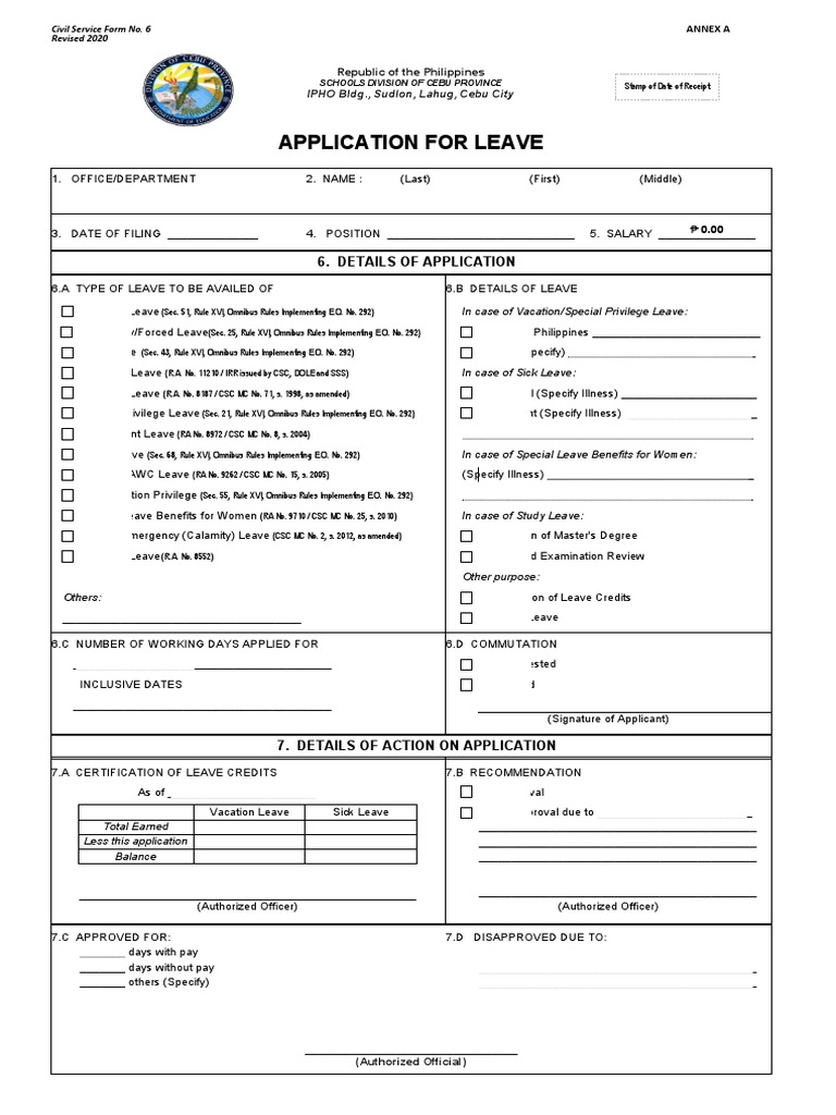 CS Form No. 6 Revised 2020 Application For Leave Fillable | Download ...
