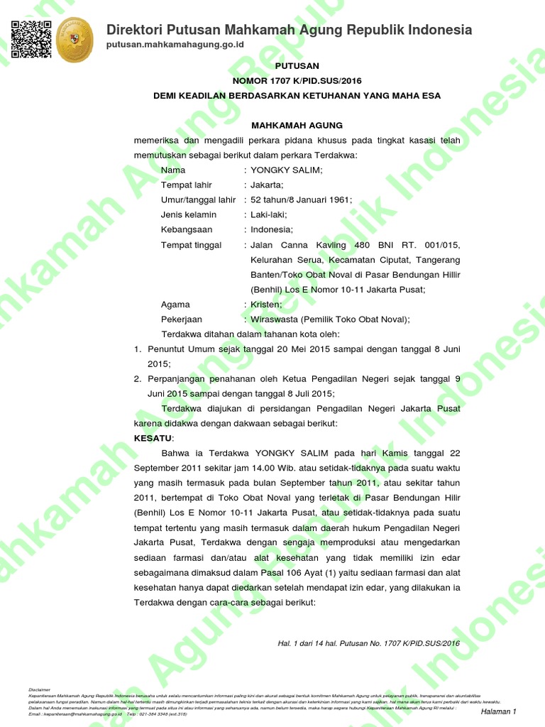 Putusan 1707 K Pid - Sus 2016 20211222 | PDF