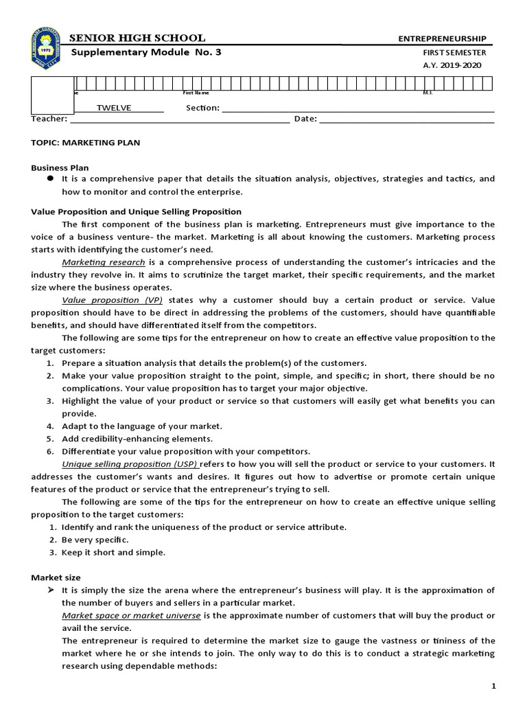 Senior High School Supplementary Module No. 3: Entrepreneurship | PDF ...