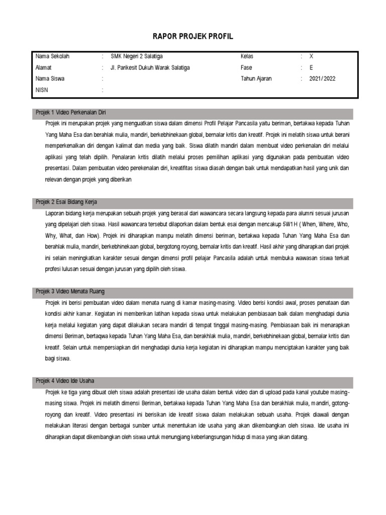 Contoh Rapor P5BK | PDF