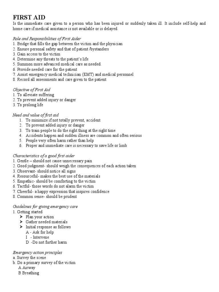 First Aid: Role and Responsibilities of First Aider | PDF | Shock ...