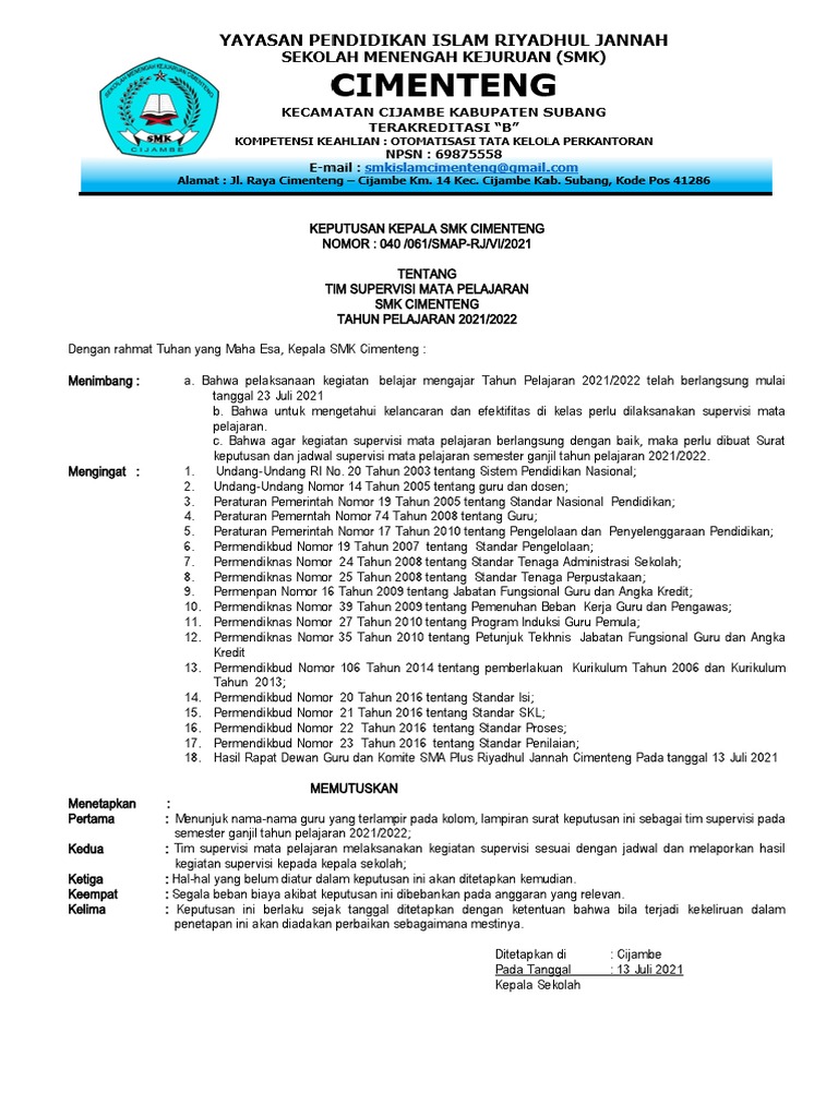 SK Supervisi Guru Mapel | PDF