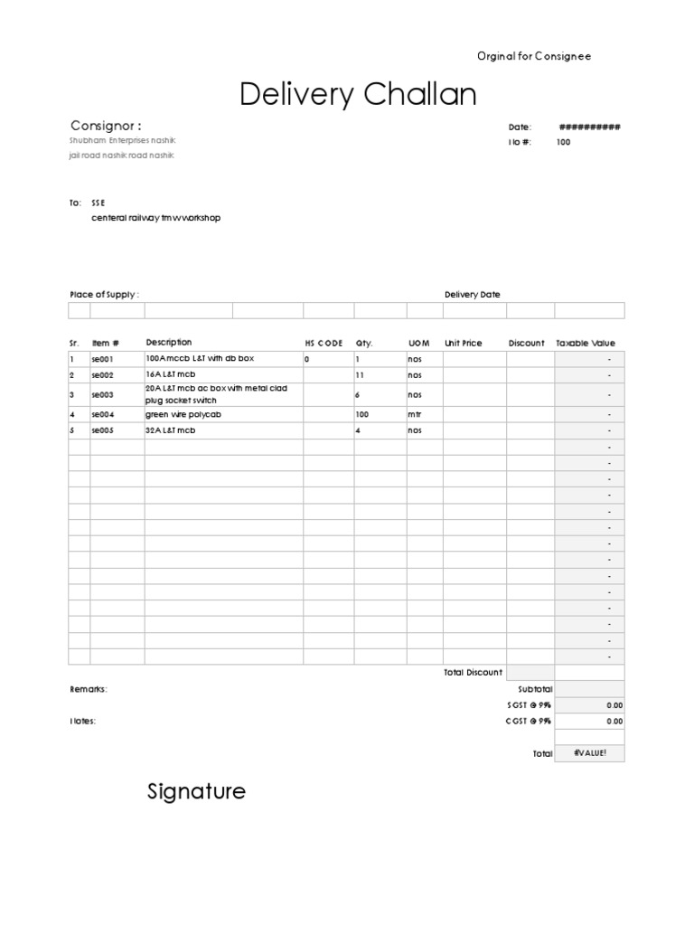 Delivery Challan Format Excel | PDF