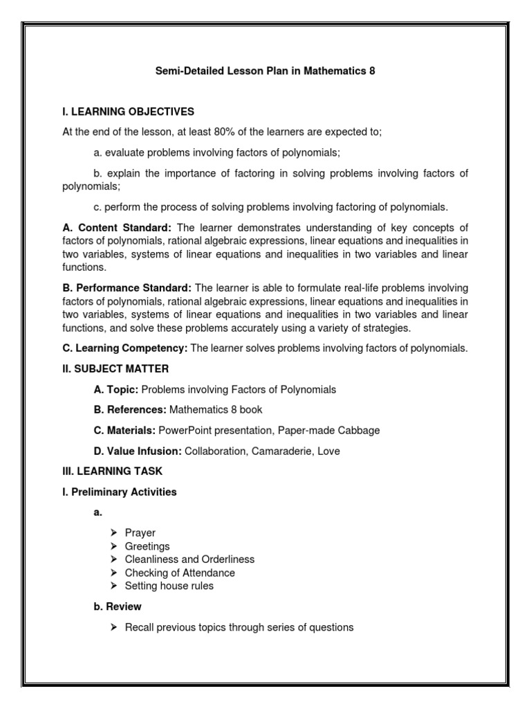 Semi Detailed-Lesson-Plan-in-Mathematics-8 | PDF | Polynomial | Equations