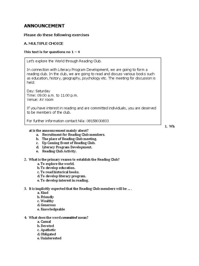 Announcement: Please Do These Following Exercises A. Multiple Choice ...