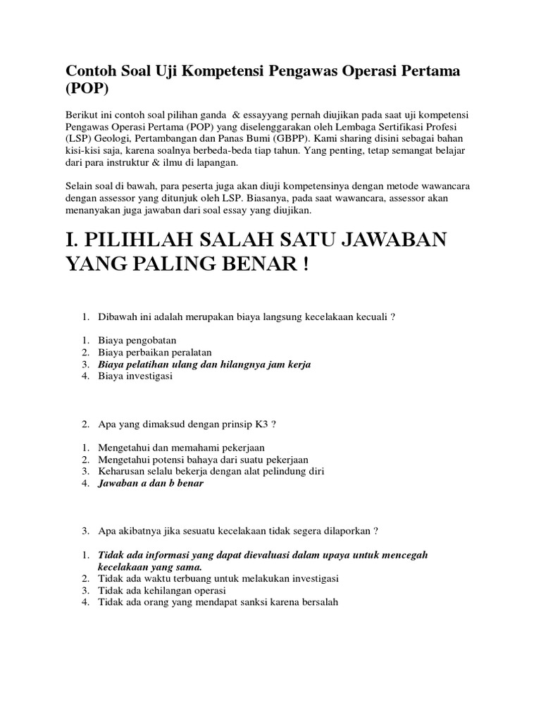 Contoh Soal Uji Kompetensi Pengawas Operasi Pertama | PDF