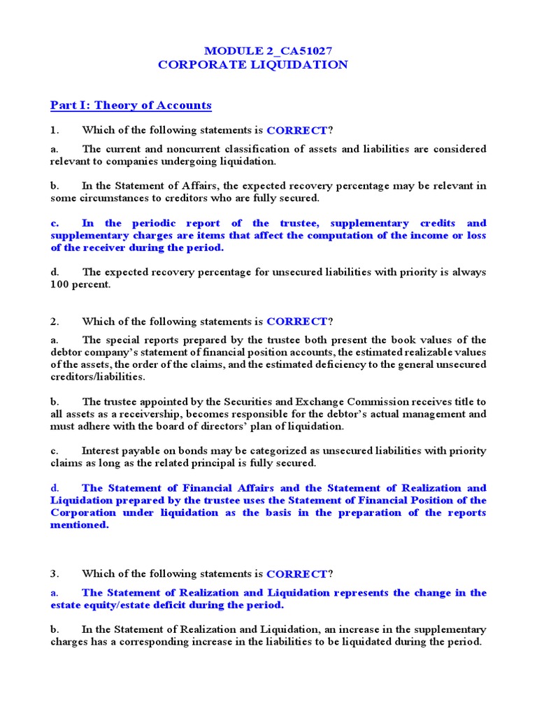 Corporate Liquidation Theory And Problems Pdf Balance Sheet