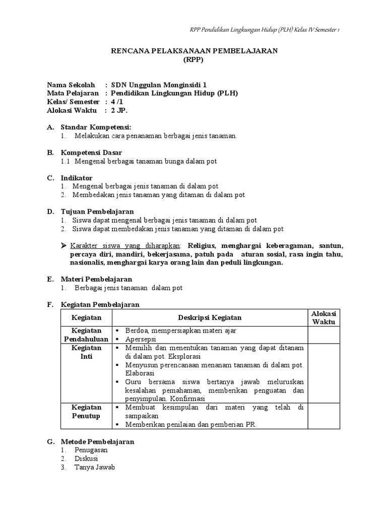 RPP PLH Kelas 4 Semester 1 | PDF