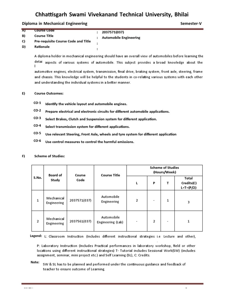 Mechanical 5th Syllabus Csvtu | PDF | Transmission (Mechanics) | Steering