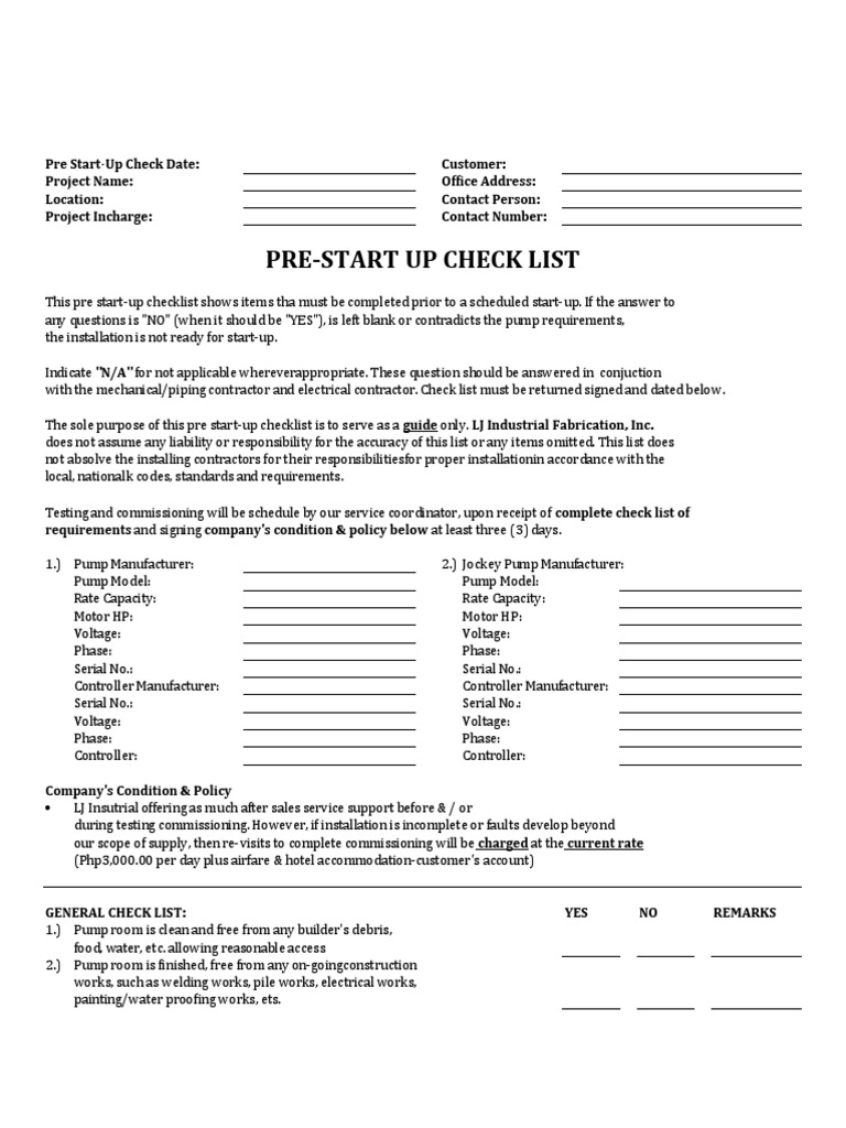 Pre Start-Up Checklist for Pump Installation | PDF | Pump | Power Supply