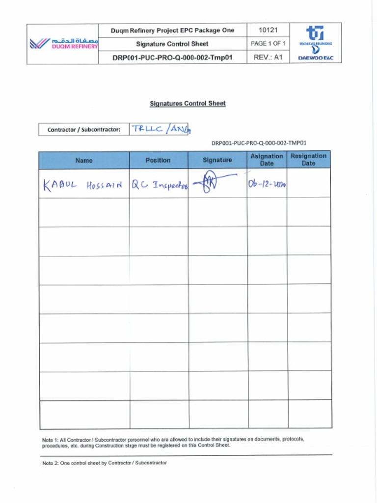 TRLLC - Subcontractors-QAQC SIGNATURE CONTROL SHEET (1-Feb-2022) | PDF
