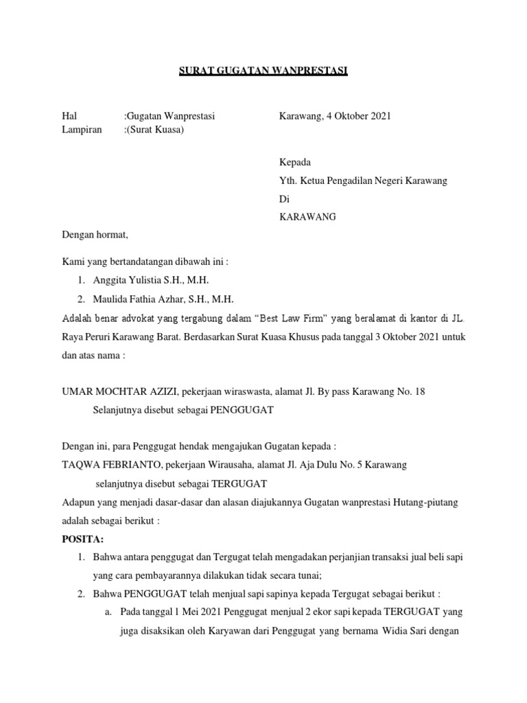 (Rev.) SURAT GUGATAN WANPRESTASI | PDF