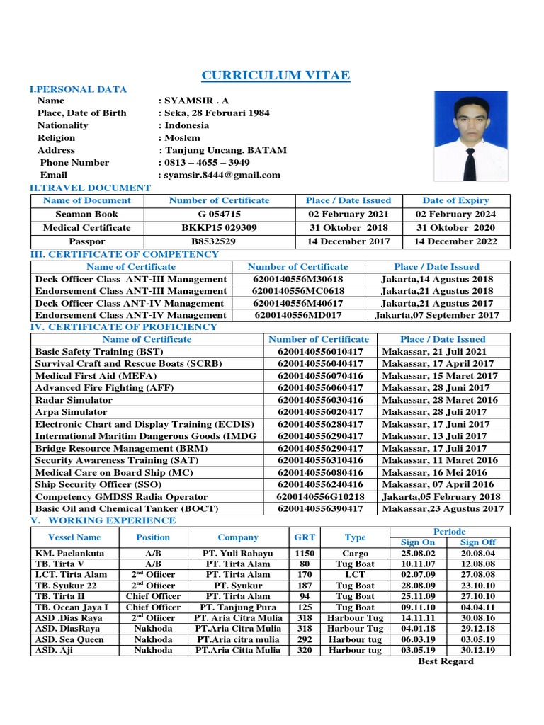 Curriculum Vitae: Vessel Name Position Company GRT Type Periode Sign On Sign Off | Download Free ...