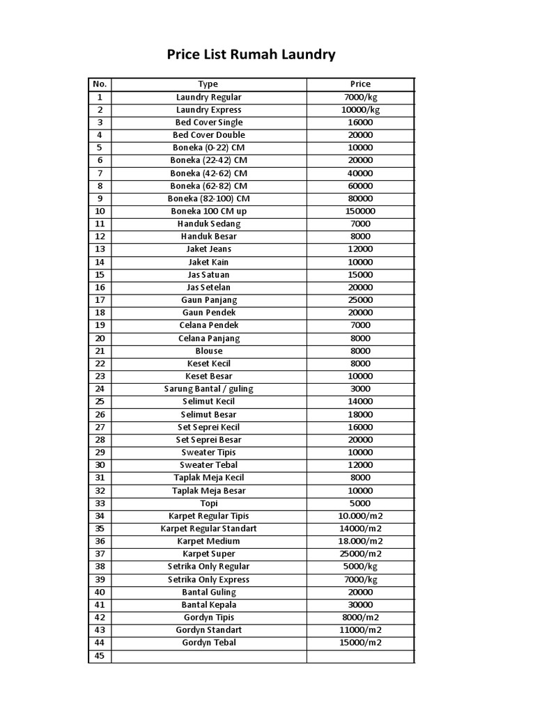 Price List for Laundry Services | PDF