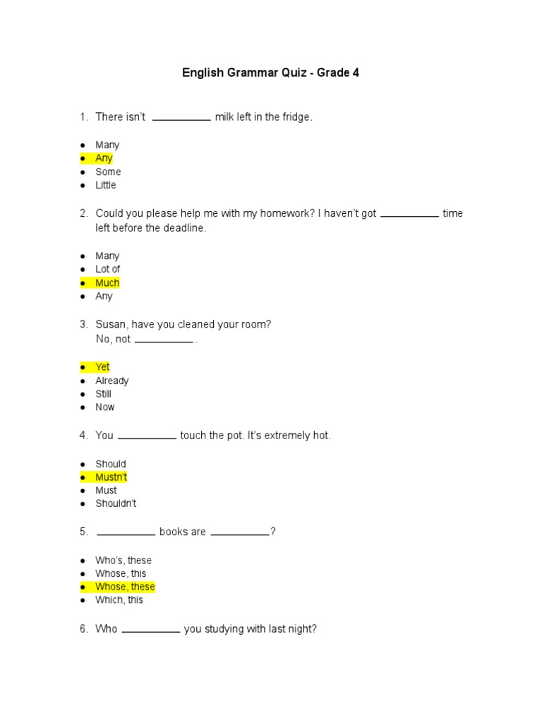 English Grammar Quiz-Grade 4-Unchecked | PDF